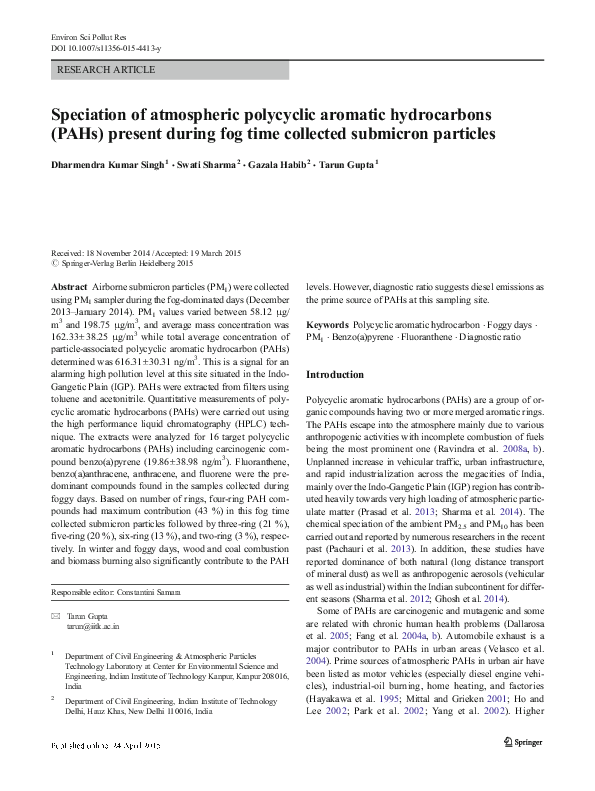 (PDF) Speciation of atmospheric polycyclic aromatic hydrocarbons (PAHs) present during fog time ...