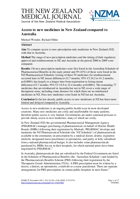 (PDF) Access to new medicines in New Zealand compared to Australia