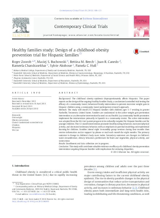 (PDF) Healthy families study: Design of a childhood obesity prevention ...