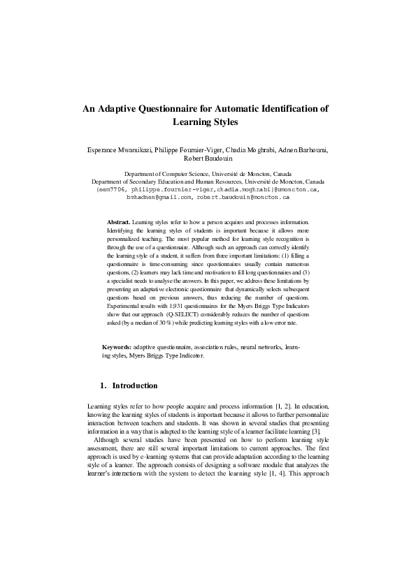 (PDF) An Adaptive Questionnaire for Automatic Identification of Learning Styles