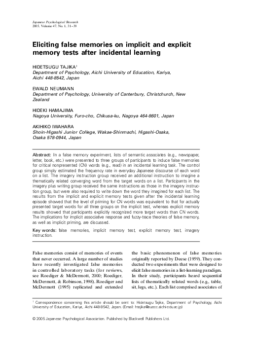 Pdf Eliciting False Memories On Implicit And Explicit Memory Tests After Incidental Learning