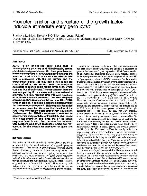 (PDF) Promoter function and structure of the growth factorinducible ...