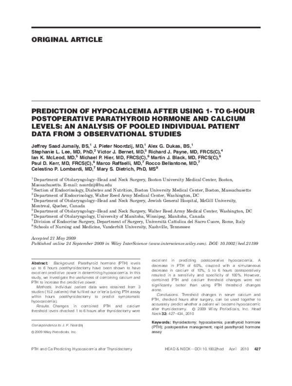 (PDF) Intraoperative parathormone measurements and postoperative hypocalcemia | Ariel Halevy ...