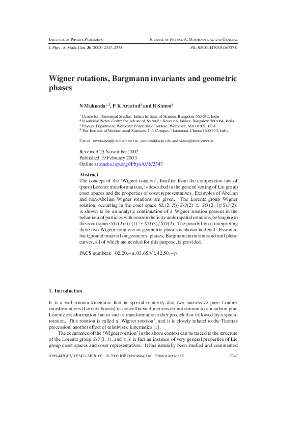 (PDF) Wigner rotations, Bargmann invariants and geometric phases
