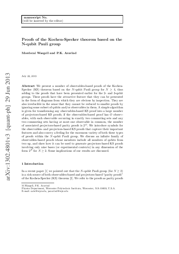 (PDF) Proofs of the Kochen-Specker theorem based on the N-qubit Pauli group