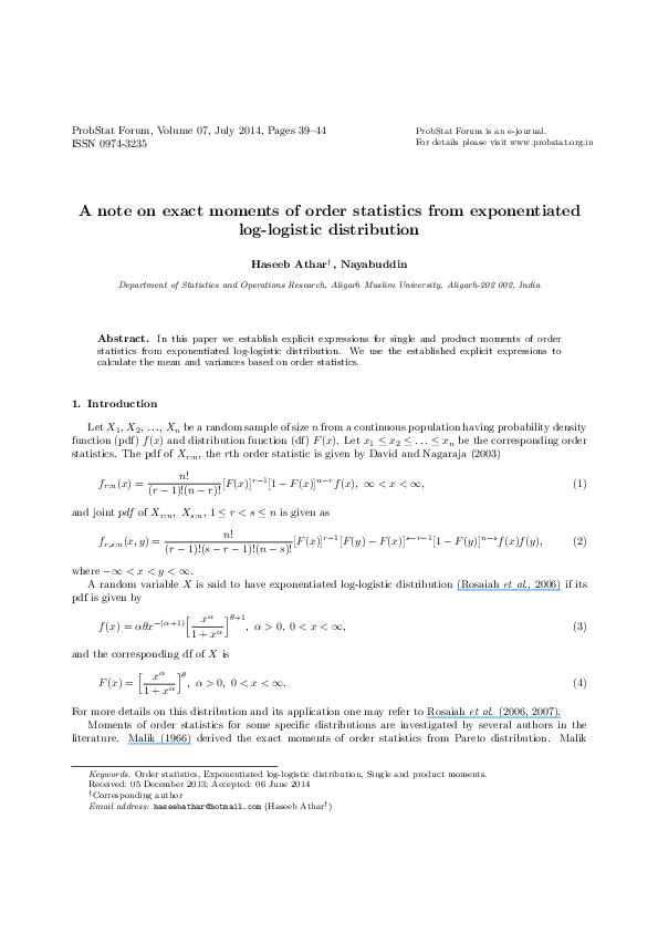 Pdf A Note On Exact Moments Of Order Statistics From Exponentiated Log Logistic Distribution