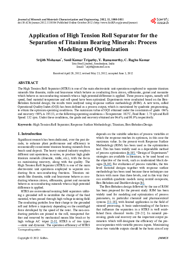 (PDF) Application of High Tension Roll Separator for the Separation of ...