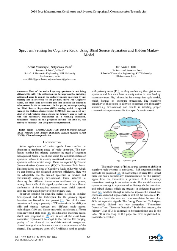 Pdf Spectrum Sensing For Cognitive Radio Using Blind Source Separation And Hidden Markov Model