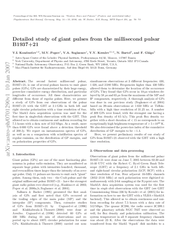 (PDF) Detailed study of giant pulses from the millisecond pulsar B1937+21