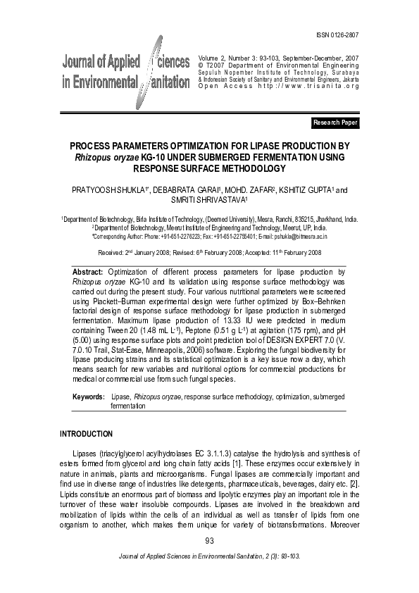 Pdf Process Parameters Optimization For Lipase Production By Rhizopus Oryzae Kg 10 Under