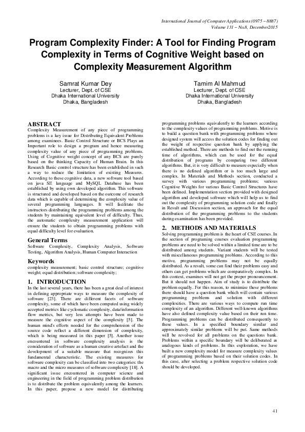 (PDF) Program Complexity Finder: A Tool for Finding Program Complexity in Terms of Cognitive ...