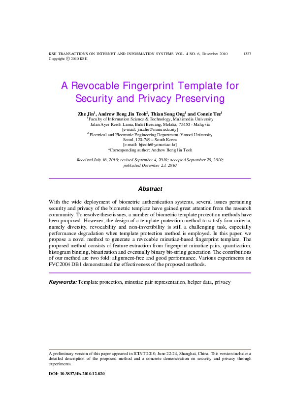 (PDF) A Revocable Fingerprint Template for Security and Privacy Preserving