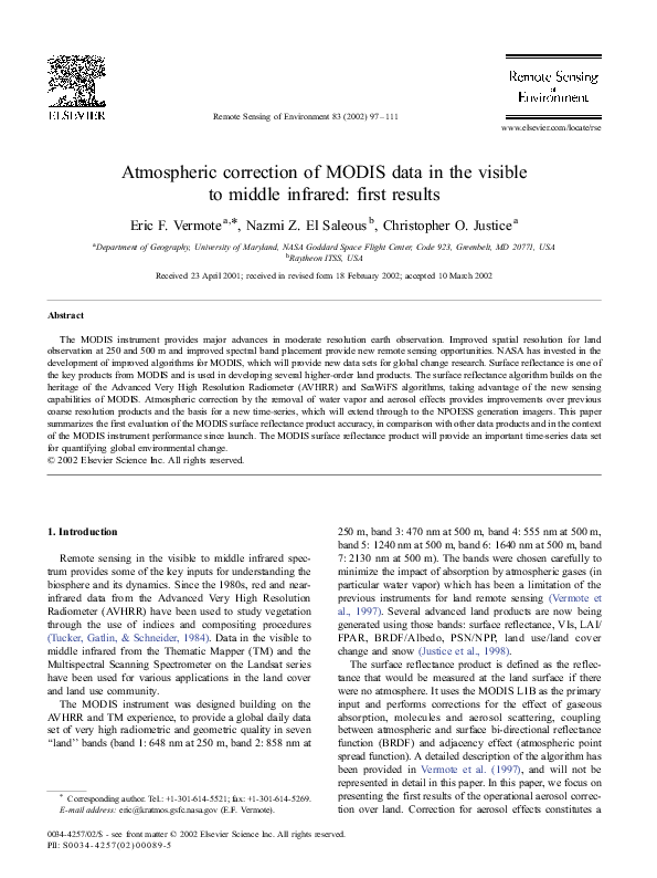 Pdf Atmospheric Correction Of Modis Data In The Visible To Middle