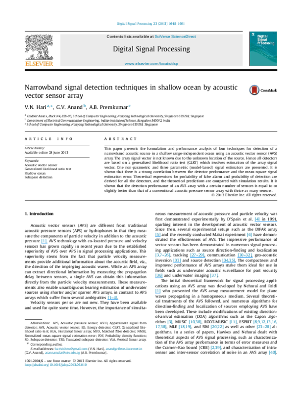 (PDF) Narrowband signal detection techniques in shallow ocean by acoustic vector sensor array