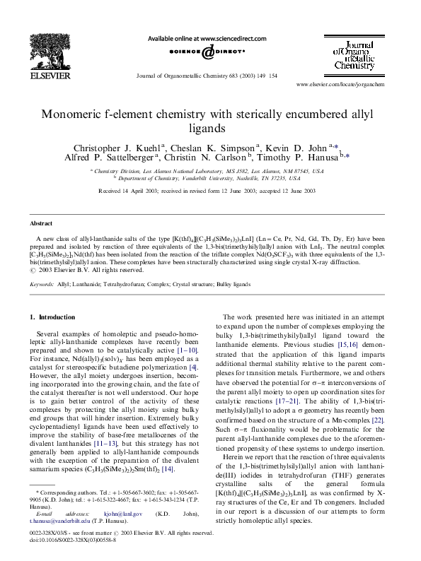 (PDF) Monomeric f-element chemistry with sterically encumbered allyl ...