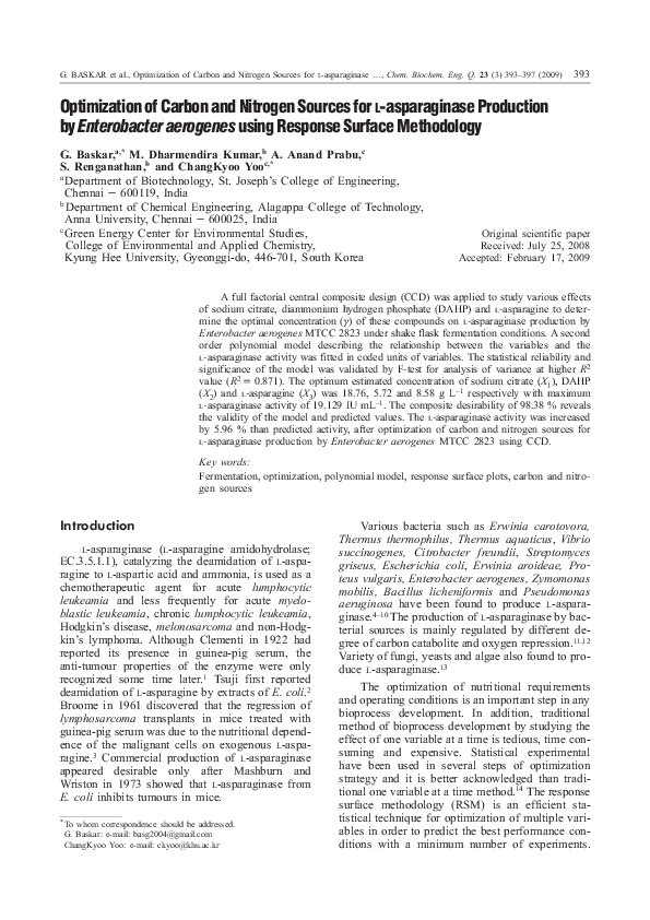 (PDF) Optimization of Carbon and Nitrogen sources for L-asparaginase Production by Enterobacter ...