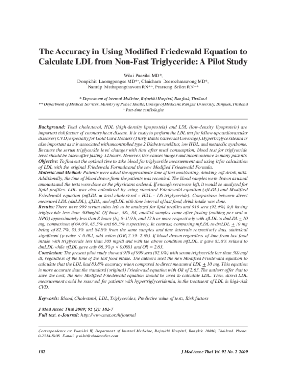 (PDF) The accuracy in using modified Friedewald equation to calculate ...