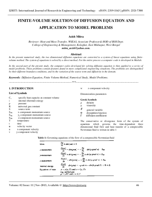 Pdf Finite Volume Solution Of Diffusion Equation And Application To Model Problems