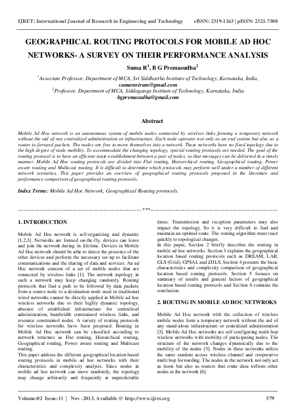 (PDF) GEOGRAPHICAL ROUTING PROTOCOLS FOR MOBILE AD HOC NETWORKS-A SURVEY ON THEIR PERFORMANCE ...