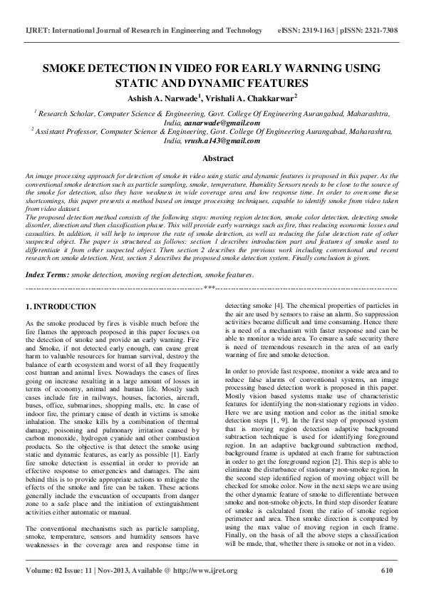 Pdf Smoke Detection In Video For Early Warning Using Static And Dynamic Features