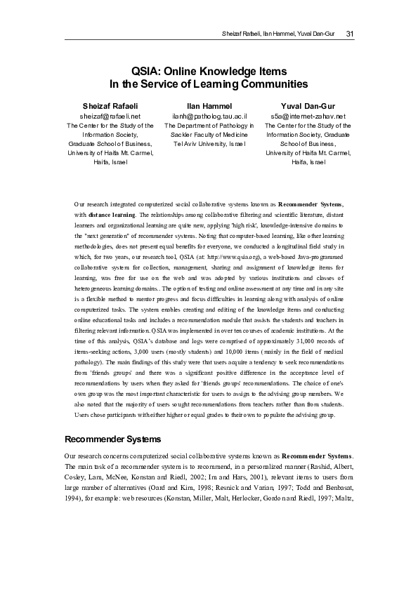 (PDF) QSIA: Online Knowledge Items In the Service of Learning Communities