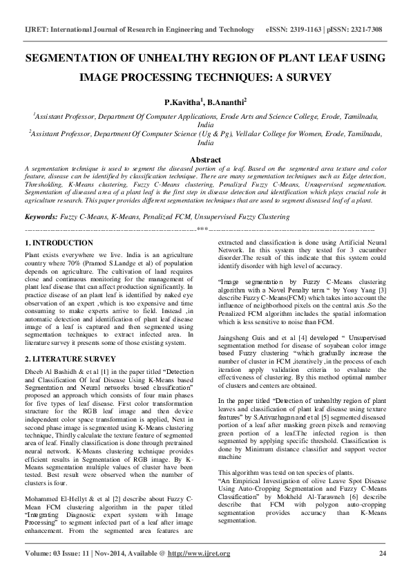 (PDF) SEGMENTATION OF UNHEALTHY REGION OF PLANT LEAF USING IMAGE PROCESSING TECHNIQUES: A SURVEY