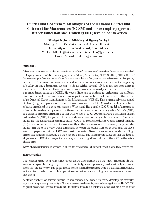 (PDF) Curriculum Coherence: An analysis of the National Curriculum ...