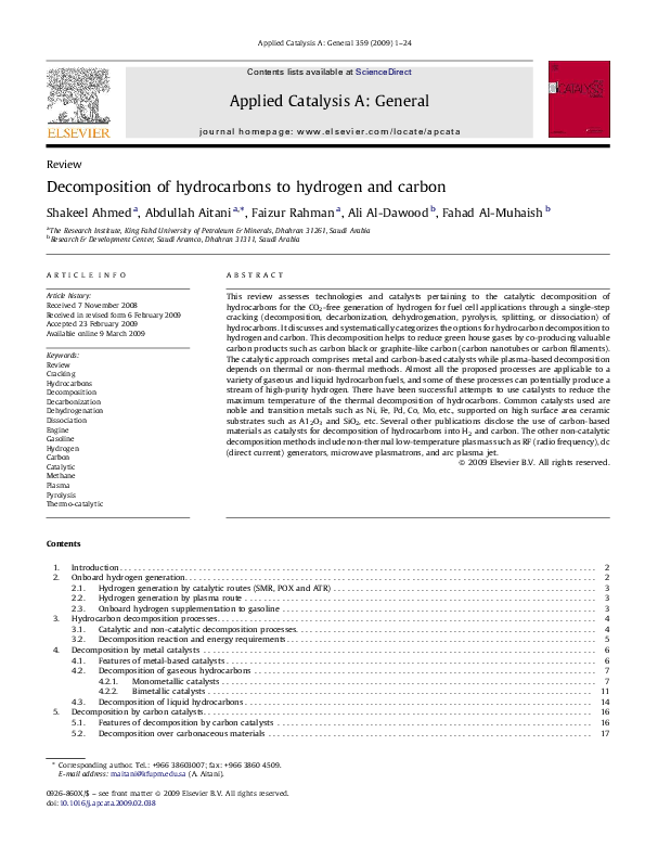 (PDF) Decomposition of hydrocarbons to hydrogen and carbon