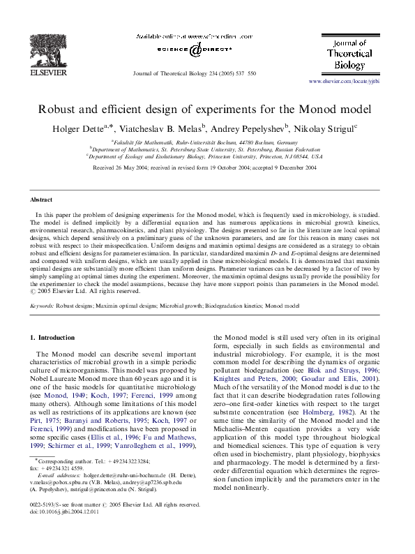 (PDF) Robust and efficient design of experiments for the Monod model