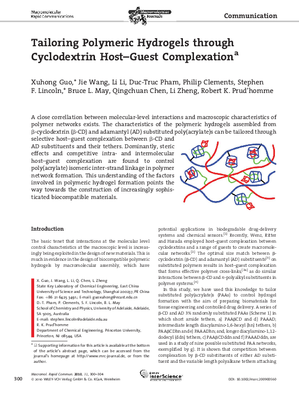 (PDF) Tailoring Polymeric Hydrogels through Cyclodextrin Host-Guest Complexation