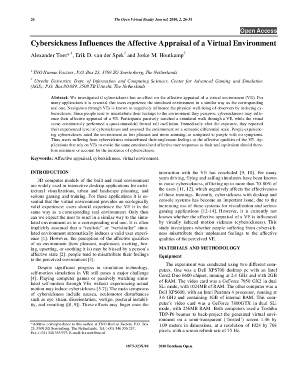 (PDF) Cybersickness Influences the Affective Appraisal of a Virtual Environment