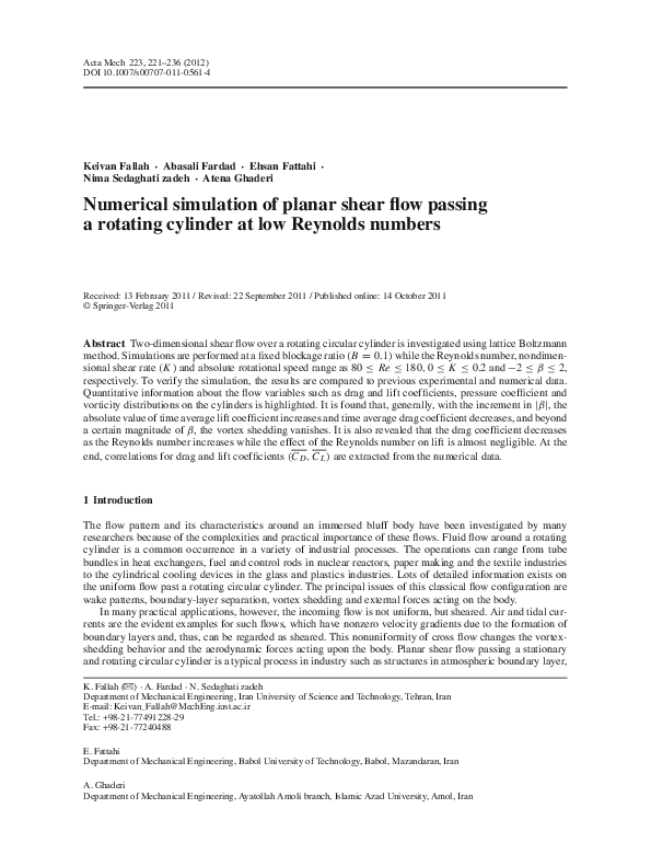 (PDF) Numerical simulation of planar shear flow passing a rotating cylinder at low Reynolds numbers