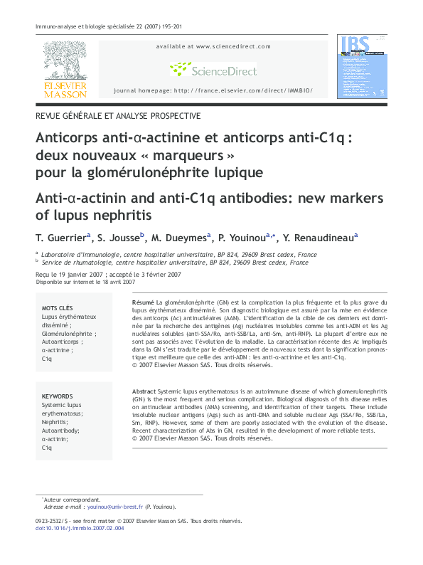 (PDF) Anti-α-actinin and anti-C1q antibodies: new markers of lupus ...