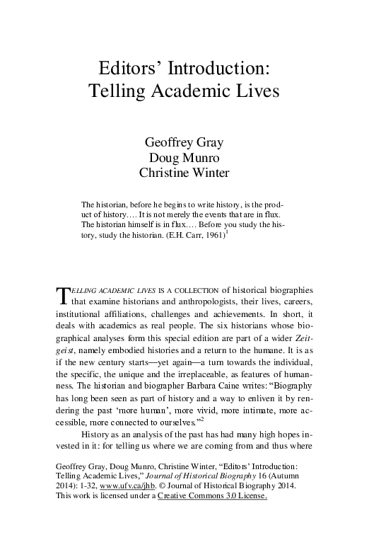 (PDF) Editor's Introduction: Telling Academic Lives - Special Journal ...