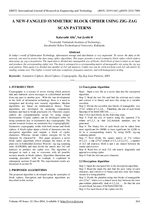 Pdf A New Fangled Symmetric Block Cipher Using Zig Zag Scan Patterns