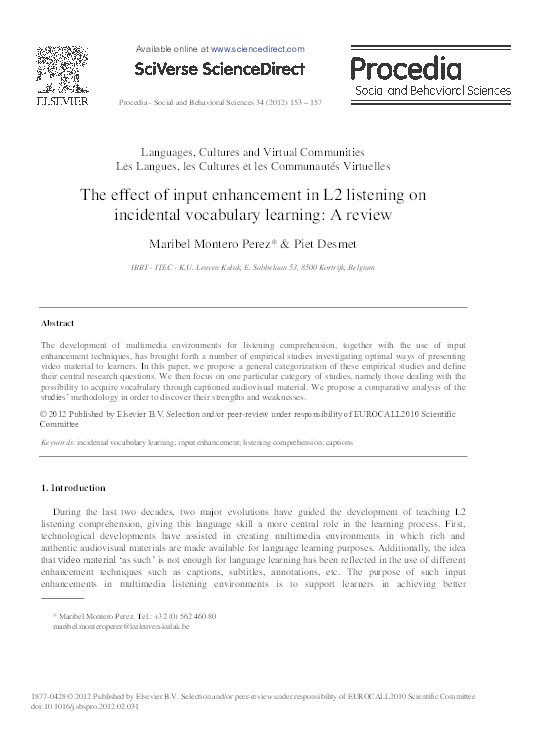 (PDF) The effect of input enhancement in L2 listening on incidental vocabulary learning: A review