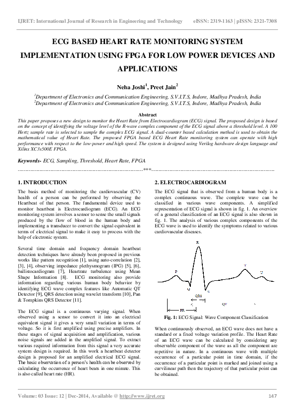 Pdf Ecg Based Heart Rate Monitoring System Implementation Using Fpga For Low Power Devices And