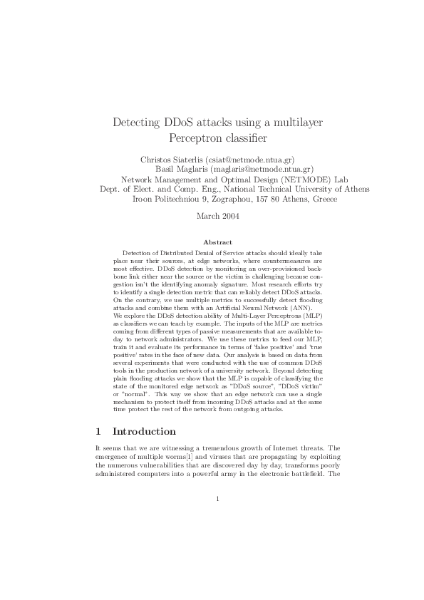 (PDF) Detecting DDoS attacks using a multilayer Perceptron classifier