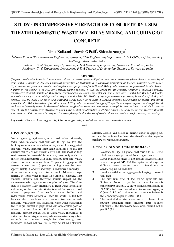 (PDF) STUDY ON COMPRESSIVE STRENGTH OF CONCRETE BY USING TREATED ...