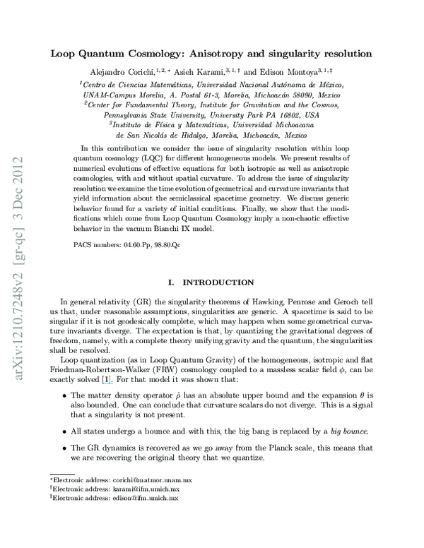 (PDF) Loop Quantum Cosmology: Anisotropy and Singularity Resolution
