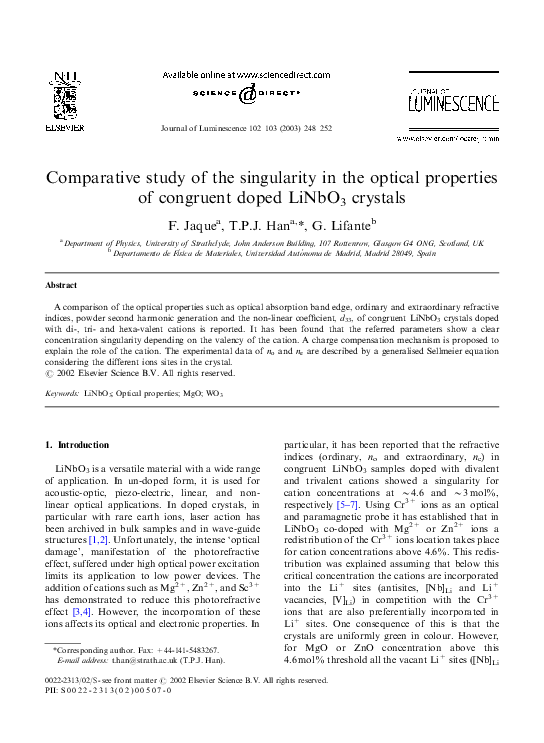 (PDF) Comparative study of the singularity in the optical properties of congruent doped LiNbO3 ...