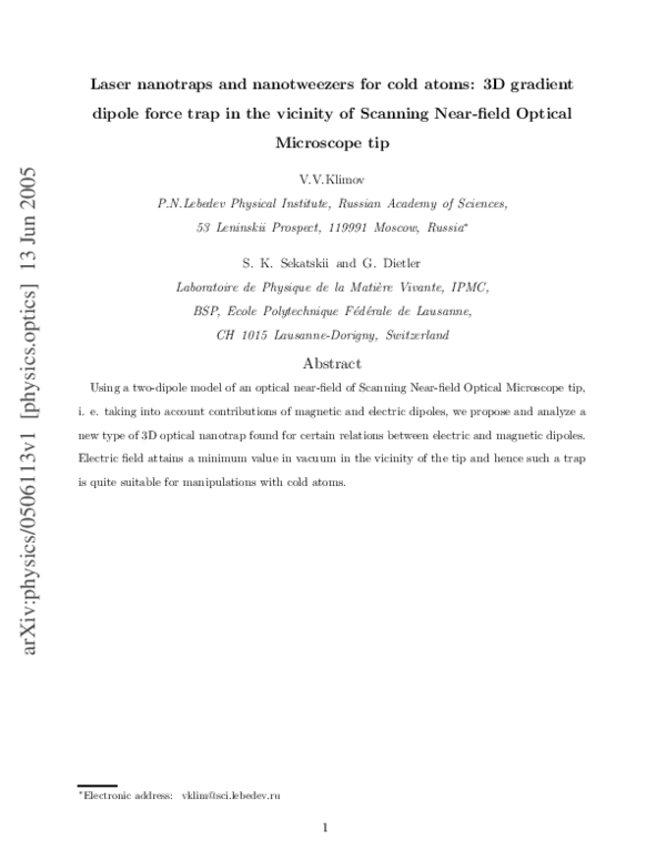 (PDF) Laser nanotraps and nanotweezers for cold atoms: 3D gradient ...