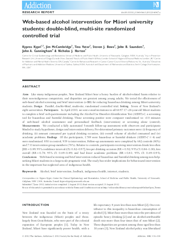 Web-based alcohol intervention for Māori university students: double-blind, multi-site ...