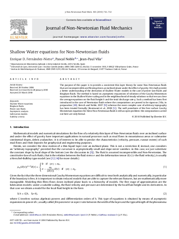 (PDF) Shallow Water equations for Non-Newtonian fluids