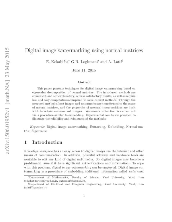 (PDF) Digital image watermarking using normal matrices
