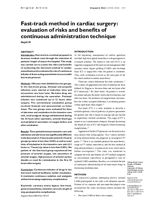 (PDF) Fast track method in cardiac surgery: evaluation of risks and ...