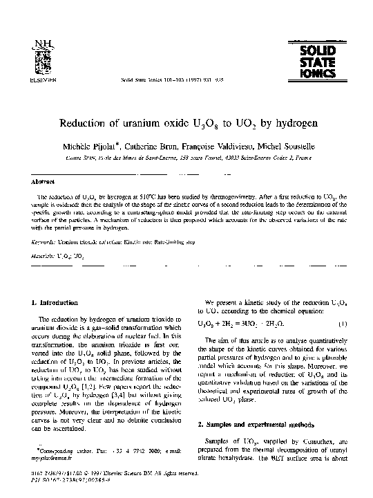 (PDF) Reduction of uranium oxide U3O8 to UO2 by hydrogen