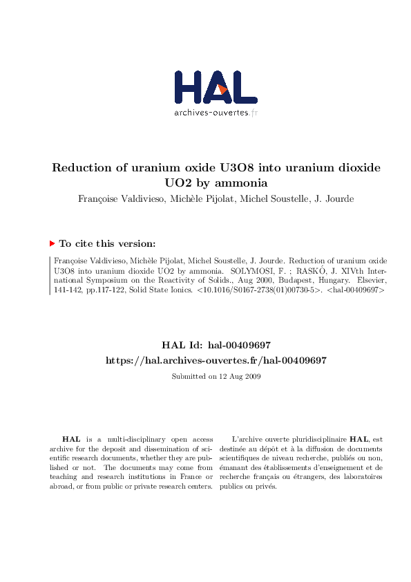 (PDF) Reduction of uranium oxide U3O8 into uranium dioxide UO2 by ammonia