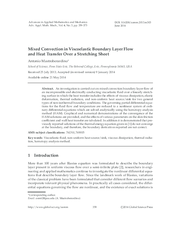 Pdf Mixed Convection In Viscoelastic Boundary Layer Flow And Heat