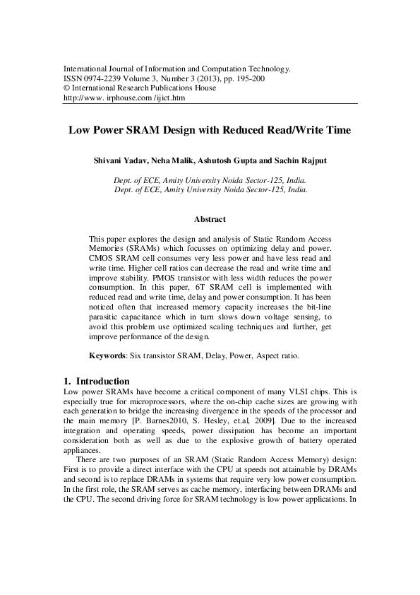 (PDF) Low Power SRAM Design with Reduced Read/Write Time